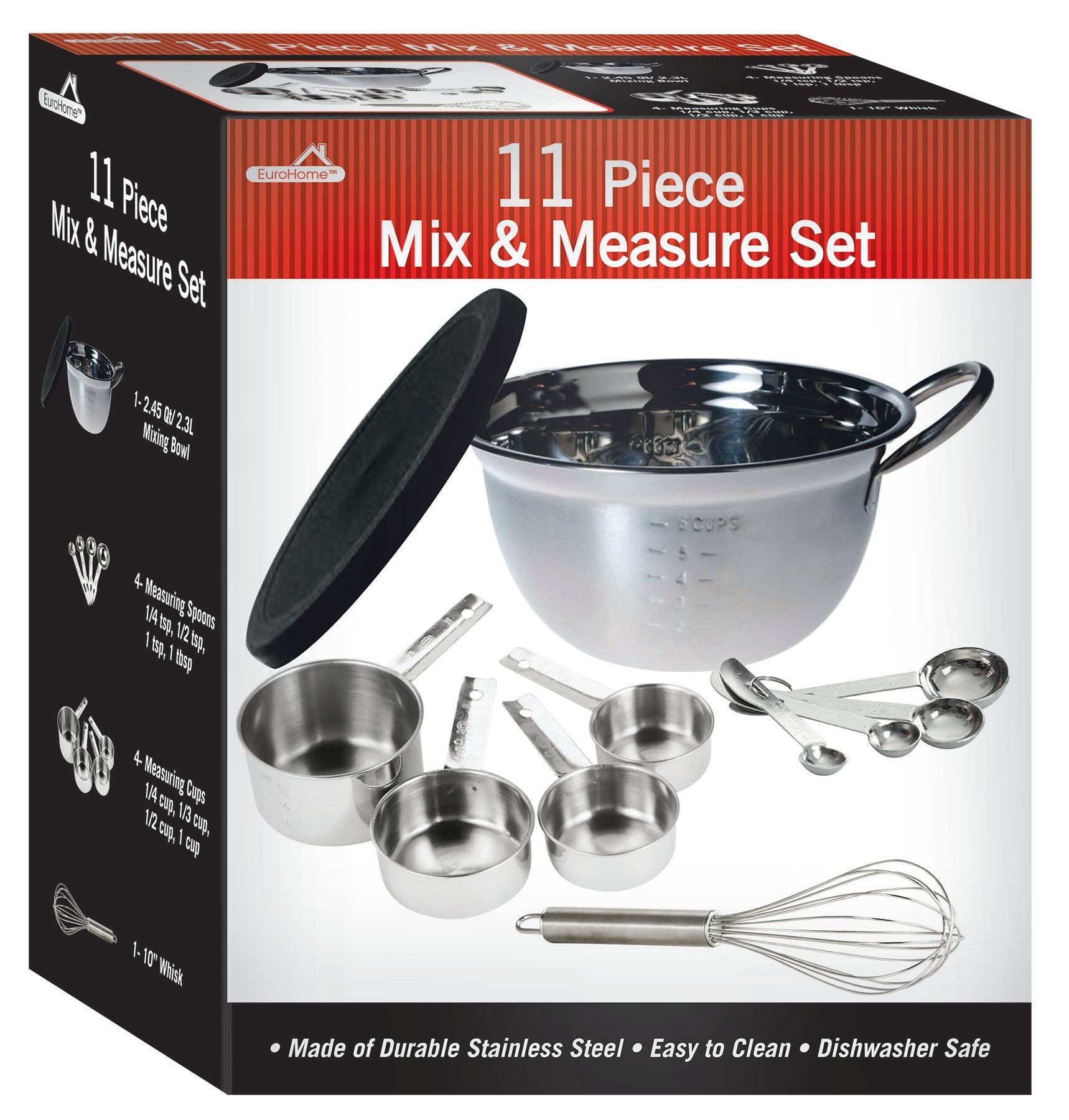 11 Pc Stainless Steel Mix & Measure Set with Mixing Bowl, Measuring Cu ...